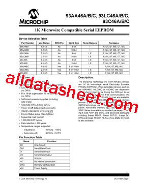 93LC46B I SN Datasheet PDF Microchip Technology