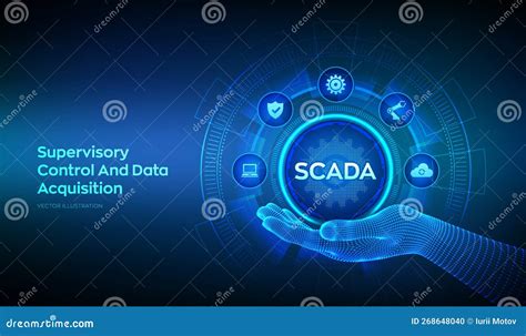 Scada System Icon In Wireframe Hand Supervisory Control And Data Acquisition Technology Concept