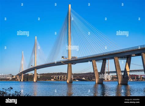 Low Angled View Of The Queensferry Crossing Road Bridge From South Side Of River Forth At South