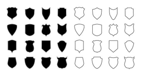 방패 경찰 경찰 배지와 문장 코트용 쉴드의 윤곽선 모양 무기 보안 축구 및 군대에 대한 로고 축구 클럽의 엠블럼 전령 밀리터리 라벨실루엣이 있는 아이콘 벡터 경찰관에 대한