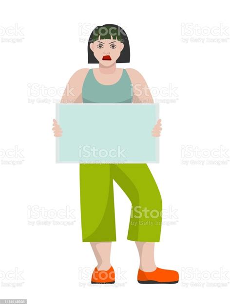 젊은 신체 긍정적 인 여성이 빈 플래 카드를 들고 항의하고 있습니다 흰색 배경에 고립 Feministiskt Initiativ에 대한 스톡 벡터 아트 및 기타 이미지