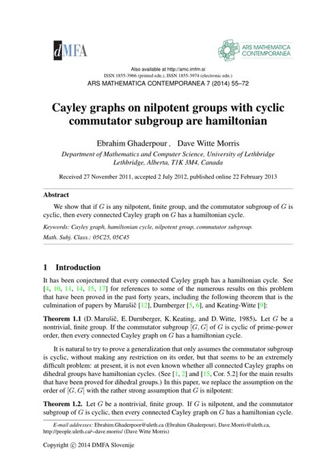 Pdf Cayley Graphs On Nilpotent Groups With Cyclic Commutator Subgroup Are Hamiltonian