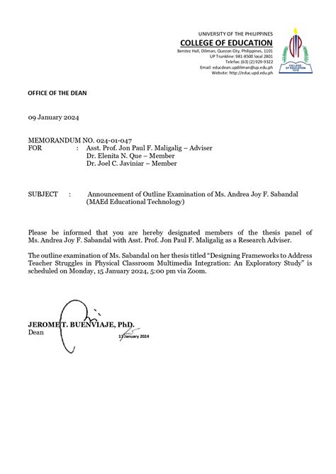 Announcement Of Outline Examination Of Ms Andrea Joy F Sabandal Maed