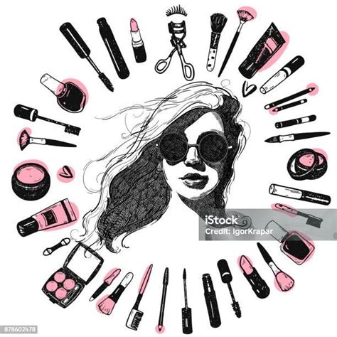 태양 안경에서 일어나 고 핑크 화장품 컬렉션 벡터 일러스트 레이 션을 가진 젊은 여자 또는 여자 그래픽 초상화 메이크업 화장품에