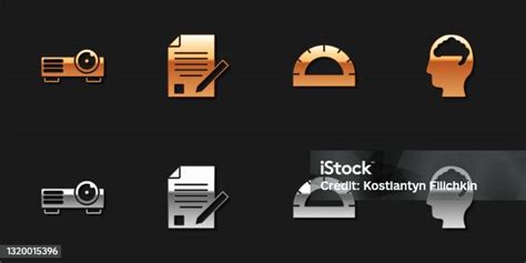 영화 영화 미디어 프로젝터 시험 시트 및 연필 Pro트랙터 그리드 및 인간의 두뇌 아이콘을 설정합니다 벡터 각도에 대한 스톡