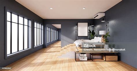 블루 월 벽돌프레임이 있는 침실 인테리어 로프트 스타일 3d 렌더링 0명에 대한 스톡 사진 및 기타 이미지 0명 3차원 형태 공란 Istock