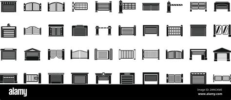 Automatic Gates Icons Set Simple Vector Security Car Industrial Building Gate Road Stock