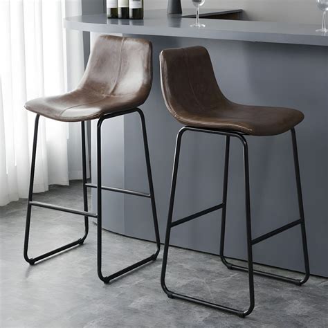 Industrial Style Brown Leather Saddle Seat Bar Stool With Upholstered