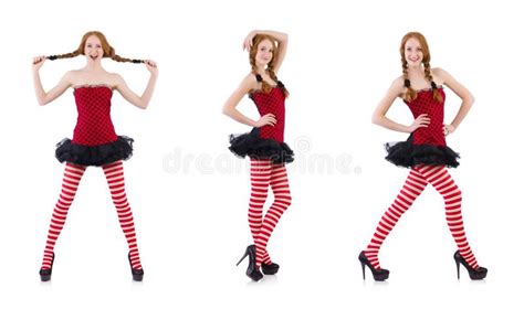 Redhead Girl In Red Dress And Stockings On White Stock Image Image Of Lady Heels 179687805