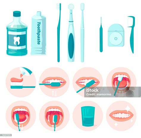 치아를 단계별로 닦는 방법 구강 위생을위한 칫솔과 치약 깨끗한 흰색 치아 건강한 라이프 스타일과 치과 치료 흰색에서 격리된 격리된 플랫 벡터 그림 0명에 대한 스톡 벡터