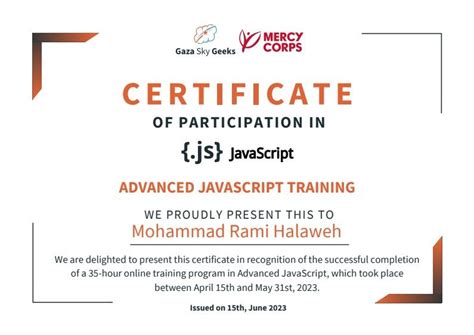 Excited To Successfully Completed A 35 Hour Advanced Javascript Training Program With Gaza Sky