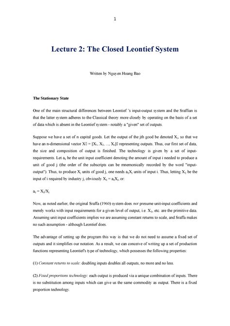 Io 2 Lecture Notes Lecture 2 The Closed Leontief System Written By Nguyen Hoang Bao The
