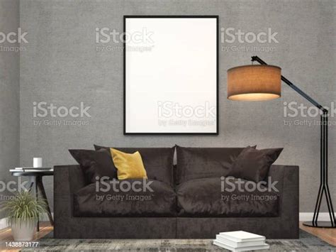 밝은 배경에 격리된 거실의 소파 뒤에 있는 나무 바닥의 포스터 프레임 모형 3d 렌더링 3d 그림 0명에 대한 스톡 사진 및 기타 이미지 Istock