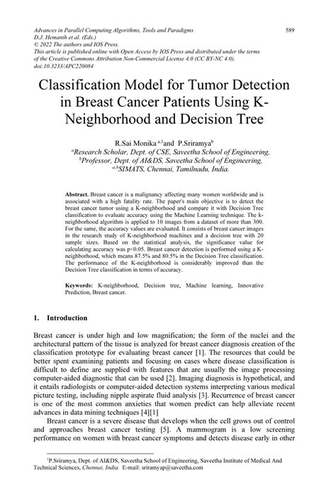 Pdf Classification Model For Tumor Detection In Breast Cancer Patients Using K Neighborhood