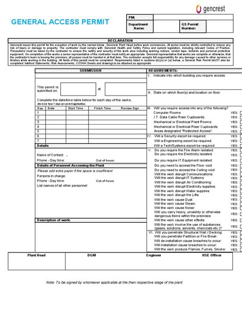 A1 General Access Permit Pdf Safety Occupational Safety And Health