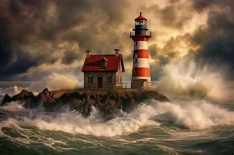 Premium Ai Image Historic Lighthouse During A Storm With Crashing Waves Created With Generative Ai