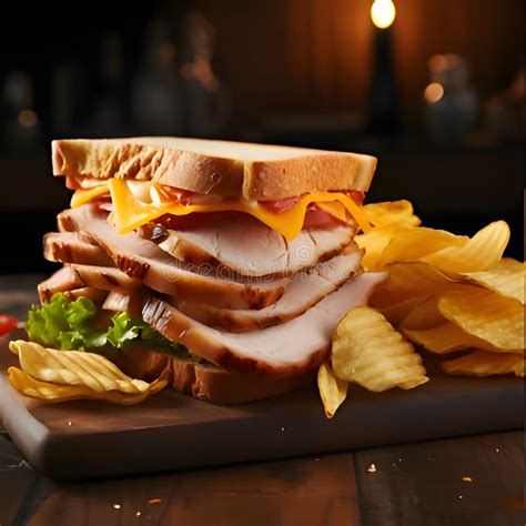Delicious Turkey Sandwich With Potato Chips Stock Illustration