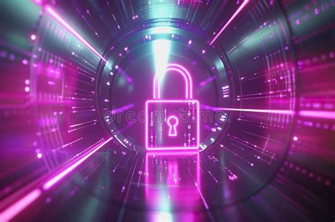 neon lit padlock with data lines and binary code in digital space stock