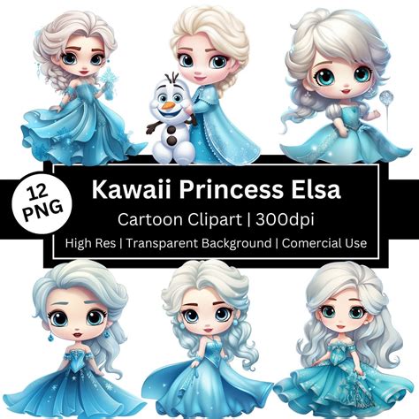 Princess Elsa Cute Clipart Set Of Cartoon Chibi Kawaii Fantasy Fairytale Cartoon