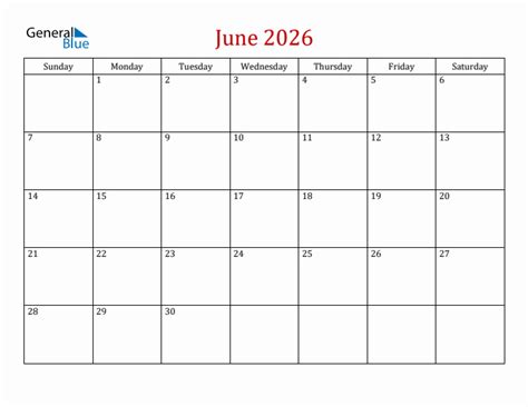 Blank June 2026 Calendar