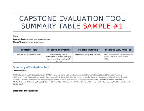 Capstone Evaluation Tool Summary Table Nursing Job Satisfaction Example