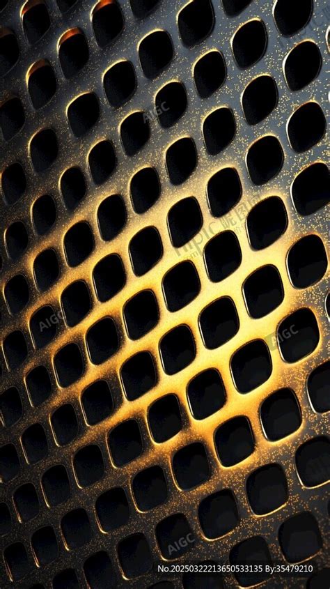 Ai创作图金属 网格 纹理 背景 图案 设计 工业 现代 科技 抽象 几何 表面 光影 金色 黑色 锈迹 网状 穿孔 圆形 方形 重叠 渐变 阴影 反射 光泽 哑光 粗糙 平滑 波浪 线条