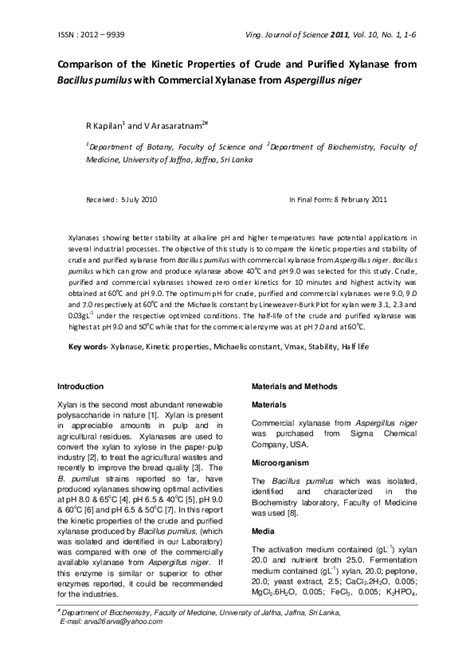 Pdf Comparison Of The Kinetic Properties Of Crude And Purified