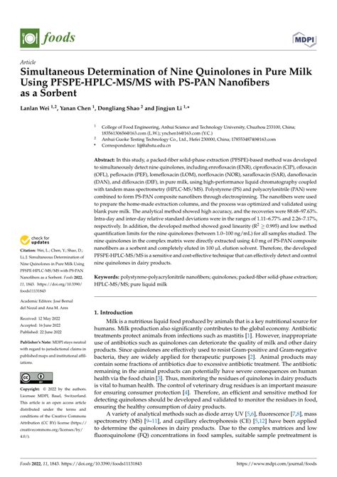 Pdf Simultaneous Determination Of Nine Quinolones In Pure Milk Using Pfspe Hplc Msms With Ps