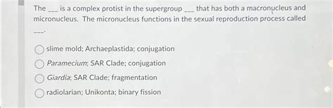 Solved The Is A Complex Protist In The Supergroup That Has