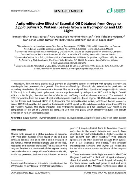 Pdf Antiproliferative Effect Of Essential Oil Obtained From Oregano Lippia Palmeri S Watson