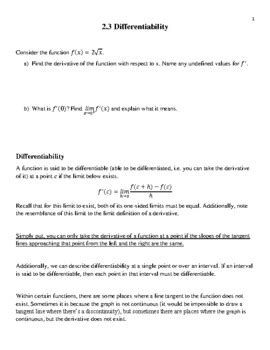 Calculus Notes Differentiability By Caleb Huddleston TPT