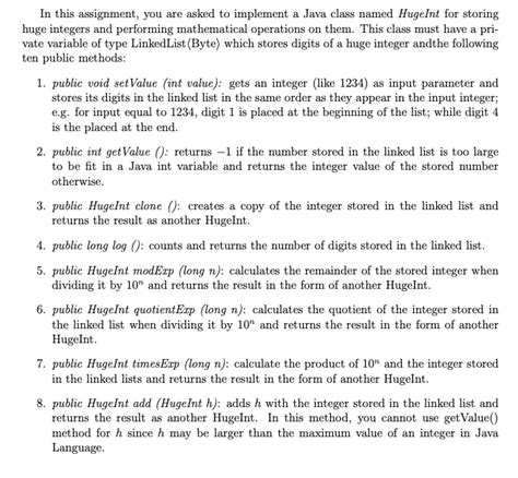 Solved Implement A Java Class Named Hugeint For Storing Huge Chegg