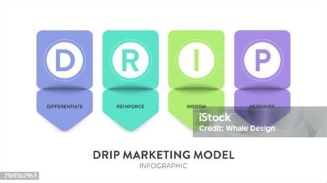 프레젠테이션을 위한 Drip 마케팅 모델 인포그래픽 다이어그램 차트 배너 템플릿 벡터는 차별화 강화 정보 제공 및 설득을