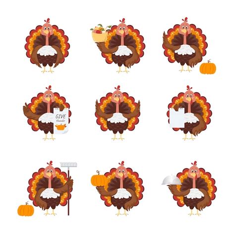Conjunto de pavo de acción de gracias vector de caracteres sobre fondo