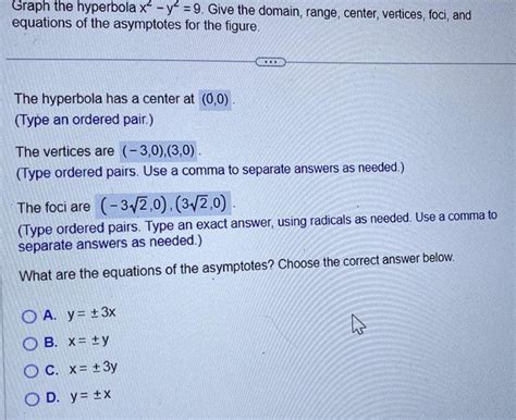 [answered] graph the hyperbola x y 9 give the domain range center kunduz