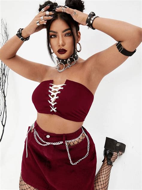 Plus Lace Up Crop Tube Top Cropped Tube Top Maroon Top Outfit Fashion Teenage