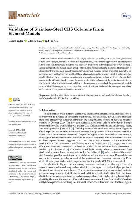 Pdf Validation Of Stainless Steel Chs Columns Finite Element Models