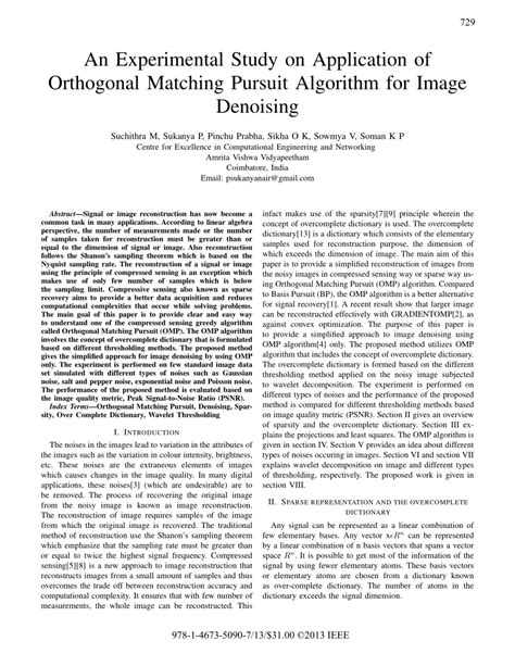 PDF An Experimental Study On Application Of Orthogonal Matching Pursuit Algorithm For Image