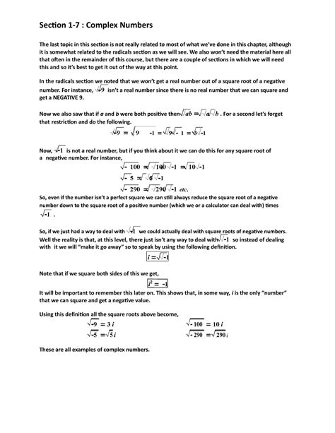 Complex Numbers Section 1 7 Complex Numbers The Last Topic In This Section Is Not Really