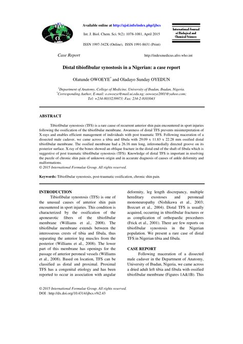 Pdf Distal Tibiofibular Synostosis In A Nigerian A Case Report Published In International