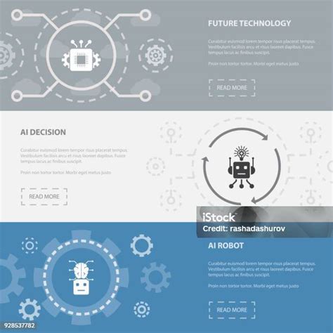 인공 지능 3 가로 웹 페이지 배너 서식 파일 미래 기술 Ai 결정 인공 지능 로봇 개념을 평면 현대 고립 된 아이콘 그림입니다 0명에 대한 스톡 벡터 아트 및 기타 이미지