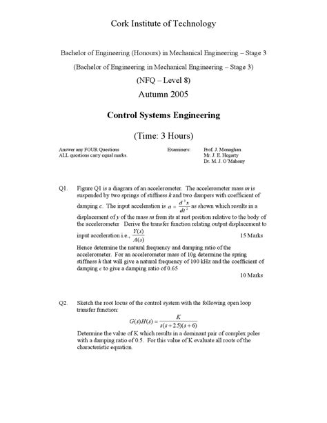 Transfer Function Control System Engineering Exam Docsity