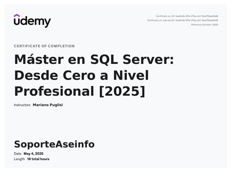 My Course Completion Certificate For Máster En Sql Server Desde Cero