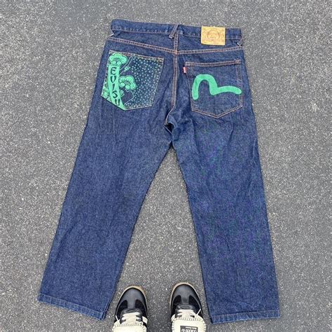 36x27 Evisu Jeans Green Detailing Pockets Vintage Depop