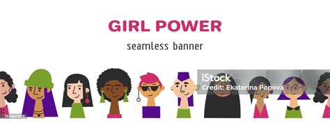 다양한 인종의 여성 얼굴 피부 색조 및 헤어 스타일 소녀 파워 개념 여성의 다양성과 평등 플랫 벡터 원활한 경계 International Womens Day에 대한 스톡