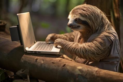 Inefficient Sloth Working Laptop Slow Generate Ai Premium Ai