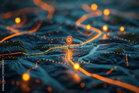 Digital Navigation Map With Glowing Location Pin And Routes Stock