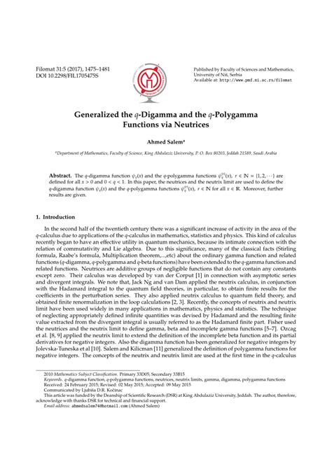 Pdf Generalized The Q Digamma And The Q Polygamma Functions Via Neutrices