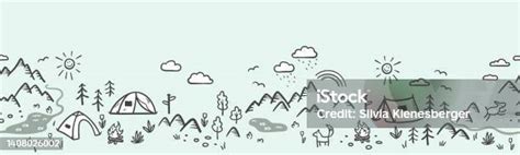 캠핑 낙서 텐트 풍경 및 산책로가있는 귀여운 손으로 그린 벡터 원활한 패턴 섬유 배너 배경 화면에 적합합니다 캠핑에 대한 스톡 벡터 아트 및 기타 이미지 Istock