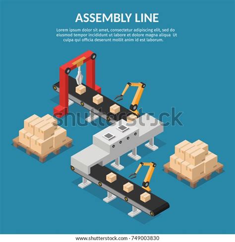 Isometric Automation Abstract Robotic Assembly Line Set Flat Isolated